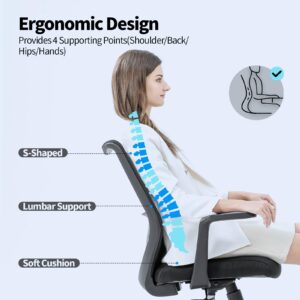 Desk Chair, Ergonomic Office Chair with Movable Cushion Lumbar Support, Mesh Chair with Fixed Armrest and PU Wheels Tilting & Height Adjustment Desk Chair, Black