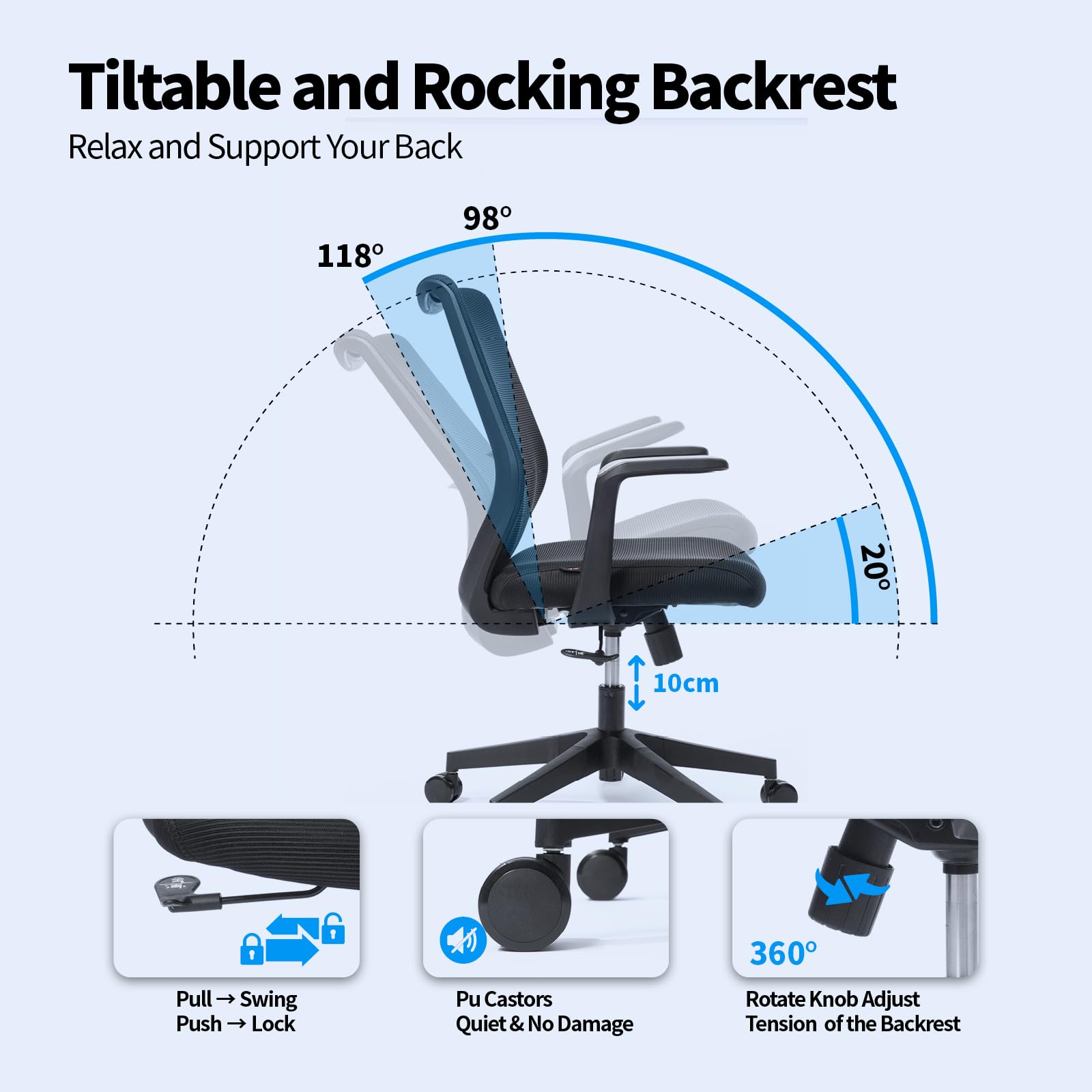 Desk Chair, Ergonomic Office Chair with Movable Cushion Lumbar Support, Mesh Chair with Fixed Armrest and PU Wheels Tilting & Height Adjustment Desk Chair, Black