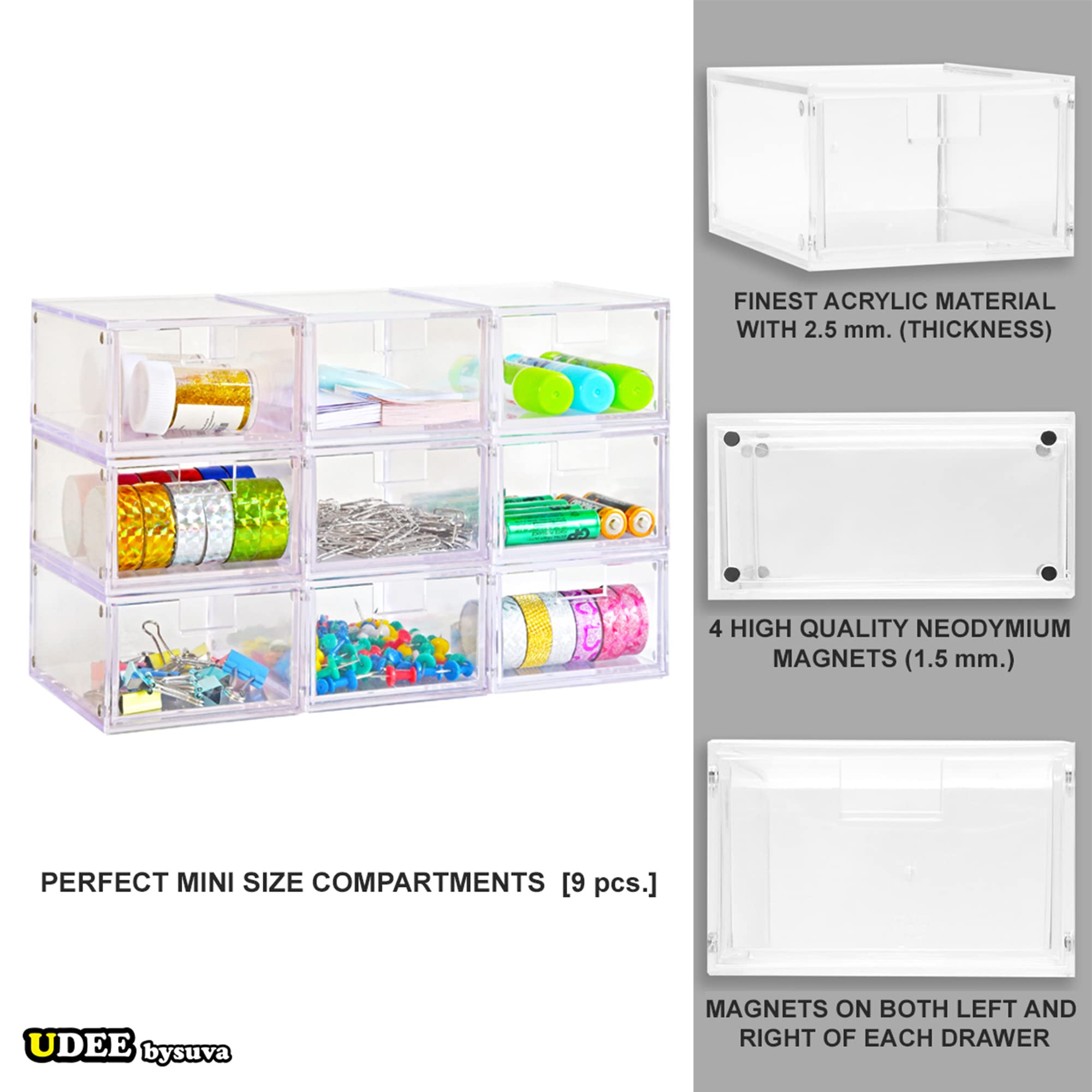 UDEE bysuva Magnet Storage Drawers – [9pcs-4.5"x3.5"x2.25"] Acrylic Craft & Bead Drawer Organizers, Clear Bins for Mini Figure, Toy & Lego, Small Jewelry Organizer, Vanity Makeup Cosmetic Cabinet