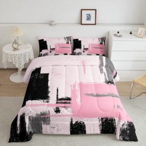 feelyou abstract comforter modern abstract art comforter set for boys girls children pink black pattern bedding set room decor queen size duvet set 3pcs