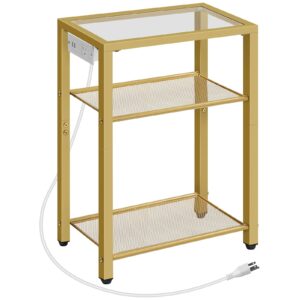 hoobro end table with charging station, 3-tier side table, nightstand with usb ports & outlet, sofa table with storage shelves, tempered glass, modern style, for living room, bedroom, gold gd57ubz01