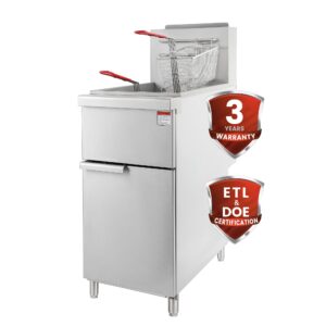 kichking natural gas floor fryer, 3 tube commercial deep fryer with 2 baskets, 40 lbs capacity, 90000 btu, restaurant stainless steel gas upright fryer, deep floor fryer consistent temp 200-400°f