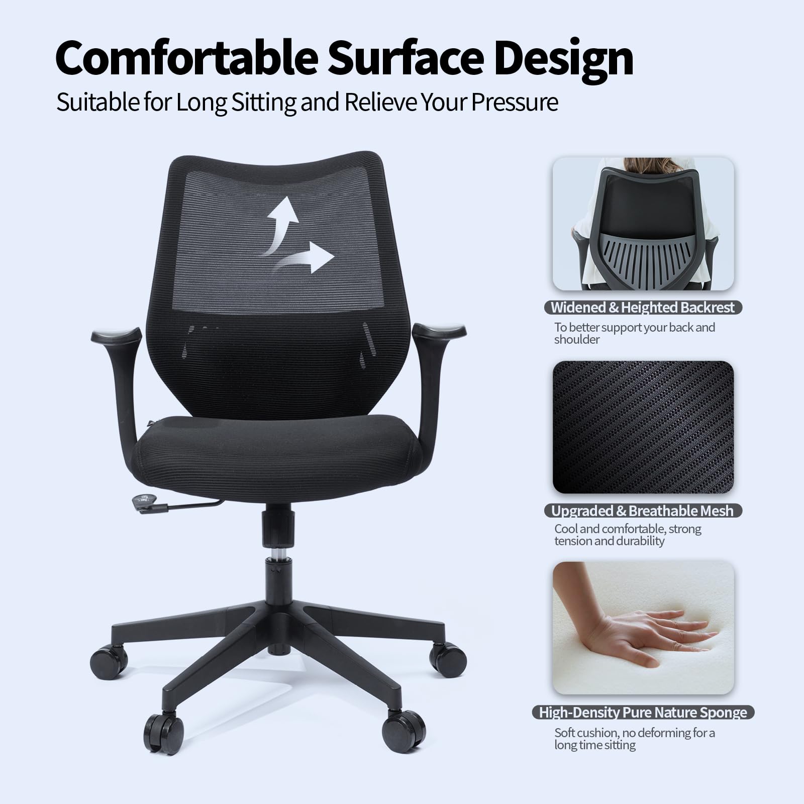 Desk Chair, Ergonomic Office Chair with Movable Cushion Lumbar Support, Mesh Chair with Fixed Armrest and PU Wheels Tilting & Height Adjustment Desk Chair, Black