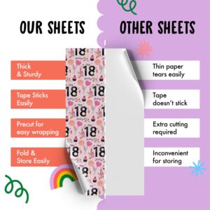 CENTRAL 23 Girls Wrapping Paper Birthday - 6 Sheets of Pink Gift Wrap - 18th Birthday Wrapping Paper for Women Her Friends - For Daughter - Age 18 - Comes with Fun Stickers