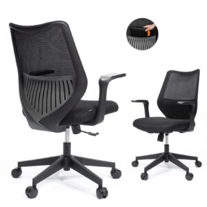 desk chair, ergonomic office chair with movable cushion lumbar support, mesh chair with fixed armrest and pu wheels tilting & height adjustment desk chair, black