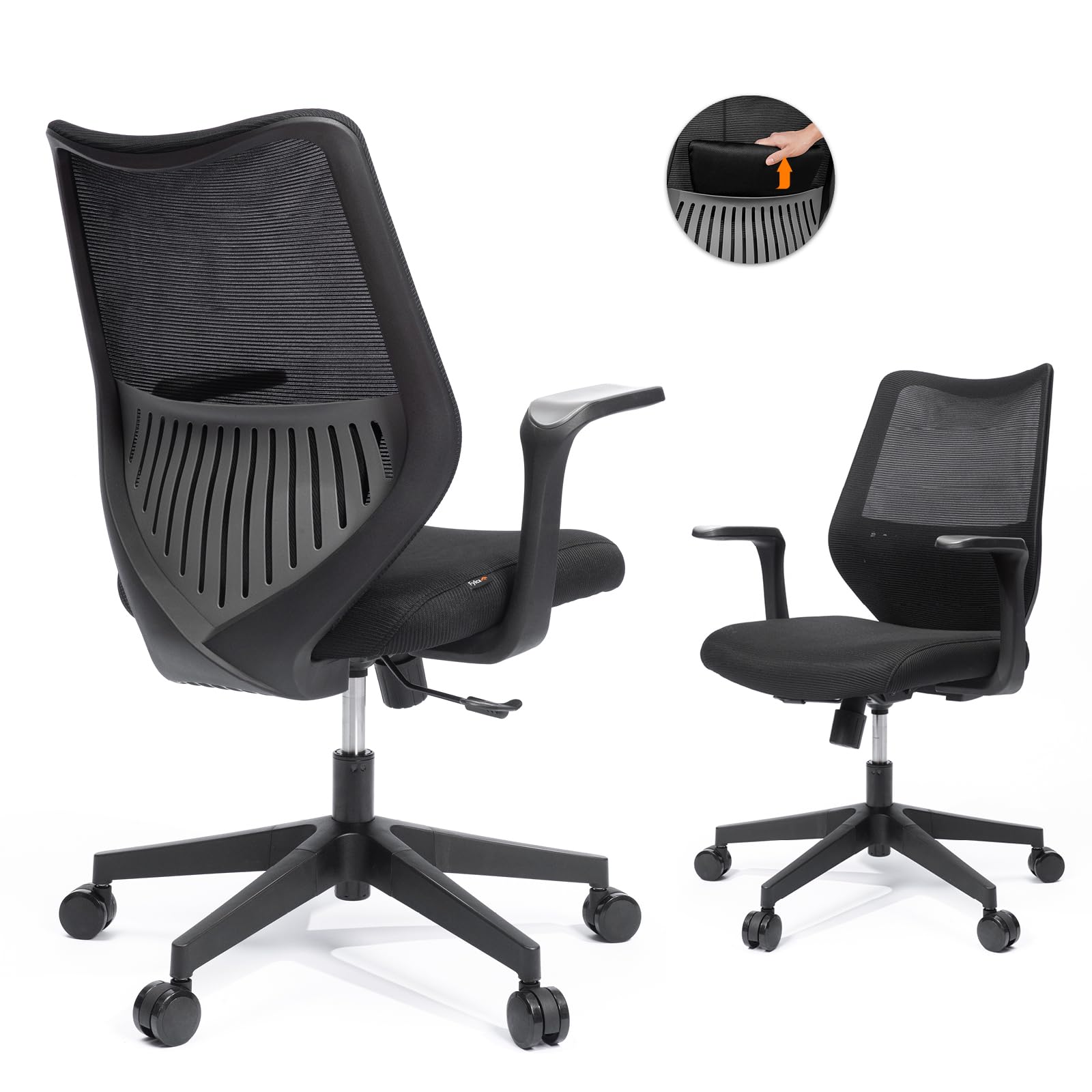 Desk Chair, Ergonomic Office Chair with Movable Cushion Lumbar Support, Mesh Chair with Fixed Armrest and PU Wheels Tilting & Height Adjustment Desk Chair, Black