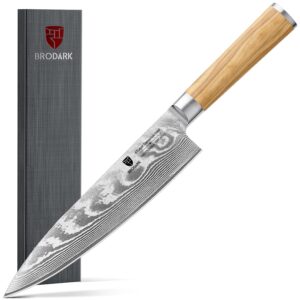 damascus chef knife 8 inch,japanese kitchen knife with vg10 steel core,ultra sharp professional chef's knife,olive wood handle,high carbon stainless steel cooking knife,boxed