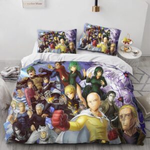 nichiyobi punch hero anime genos saitama duvet cover set 3d bedding comforter cover 3 pcs (1 duvet cover+2 pillowcases) bedding set (02,full-80x90in+20x30in*2)