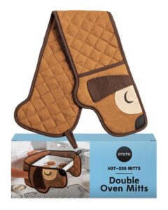 ototo hot-dog oven mitts cute funny oven mitts - gifts for dog lovers, dachshund dog themed gifts, double oven mitts heat resistant, kitchen gadgets (brown)