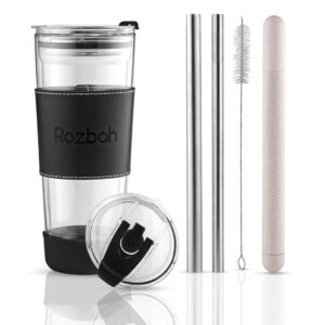 rozbah 20 oz premium insulated double wall glass tumbler - spill proof - stainless steel straws - mutli-purpose lid - reusable travel mug for boba tea, coffee, juice, smoothies and shakes