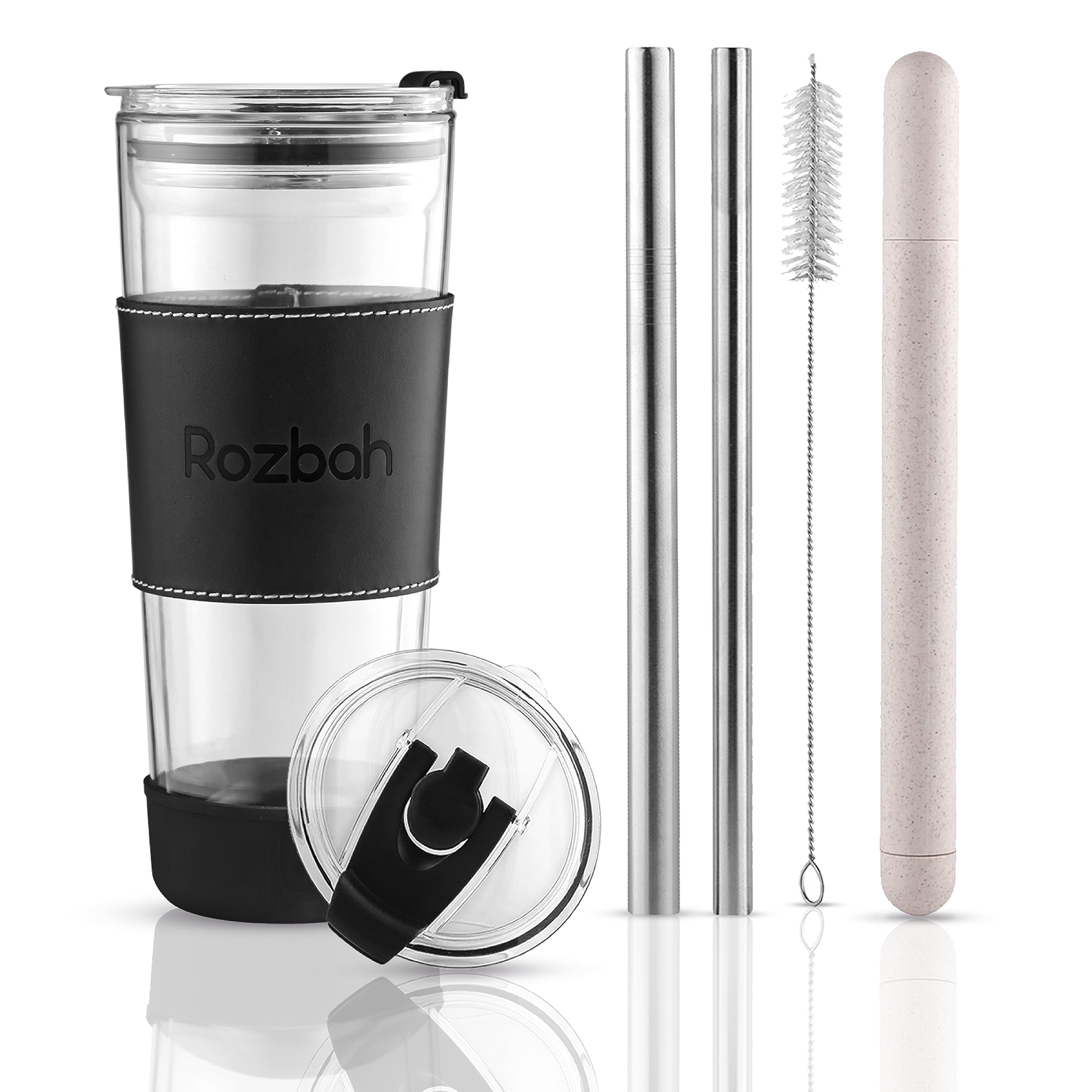 ROZBAH 20 oz Premium Insulated Double Wall Glass Tumbler - Spill Proof - Stainless Steel Straws - Mutli-purpose Lid - Reusable Travel Mug for Boba Tea, Coffee, Juice, Smoothies and Shakes