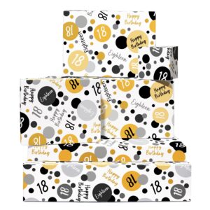 central 23 girls wrapping paper - 6 sheets of gift wrap - 18th birthday wrapping paper for men women - black gold - dots - age 18 - for friends - comes with fun stickers