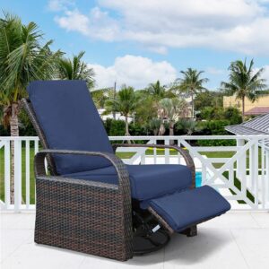 skypatio outdoor 360° swivel rattan recliner chair, adjustable backrest patio wicker recliner lounge chair with comfortable cushions, all-weather resin rattan & aluminum frame(navy blue)