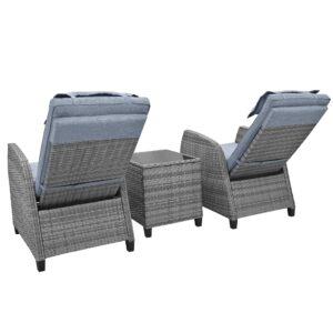 LUMISOL Outdoor Recliner Chairs Set of 2, 3 Piece Rattan Sofa Set, Patio Rocking Chairs Set with Adjustable Footrest, Outdoor Rattan Reclining Chairs with Table & Pillow for Backyard, Porch (Grey)