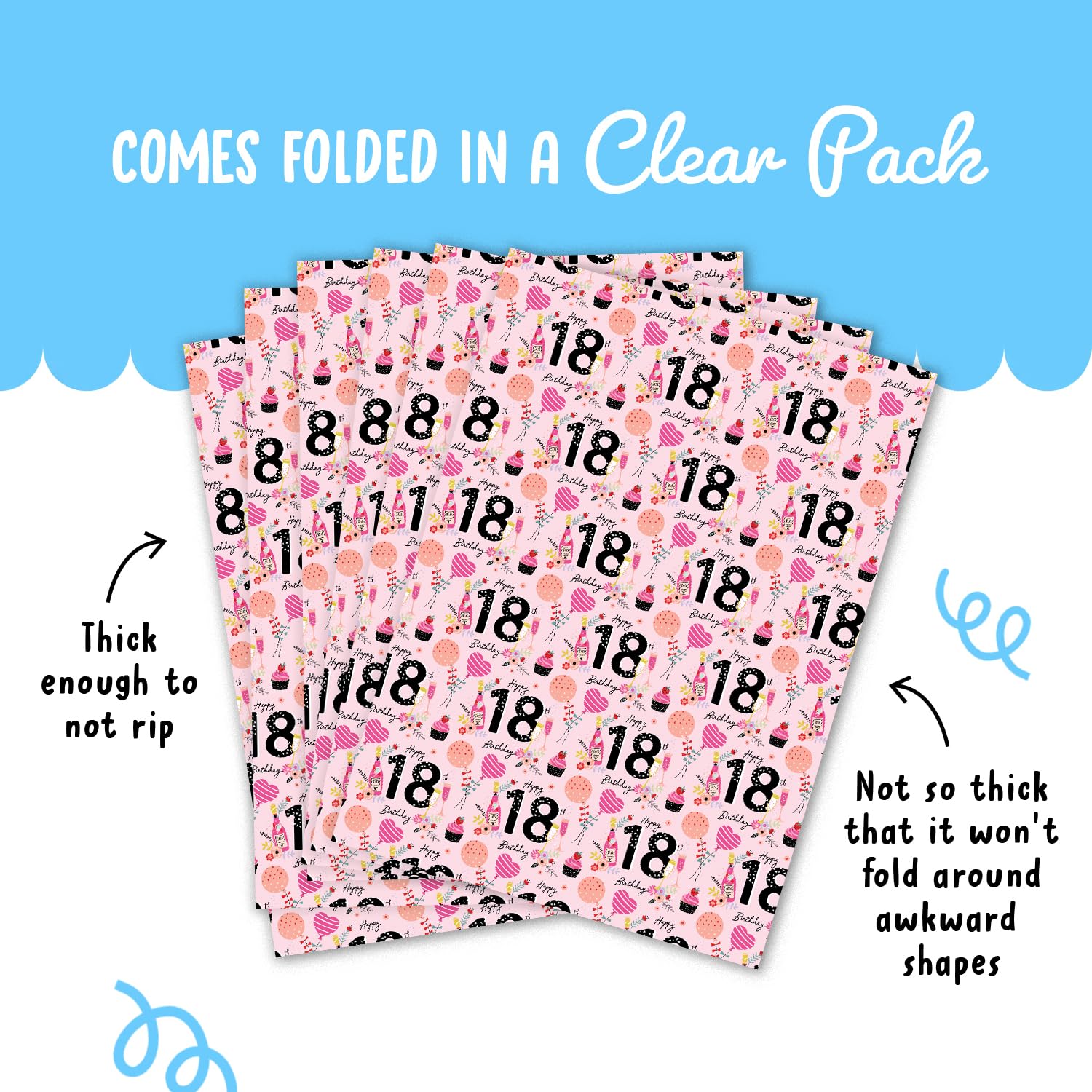 CENTRAL 23 Girls Wrapping Paper Birthday - 6 Sheets of Pink Gift Wrap - 18th Birthday Wrapping Paper for Women Her Friends - For Daughter - Age 18 - Comes with Fun Stickers