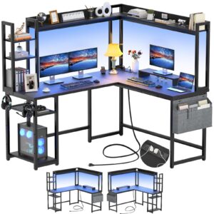 aheaplus l shaped desk with power outlet, l shaped gaming desk with led light & hutch, reversible home office desk, corner computer desk writing desk with monitor stand & storage shelves, black