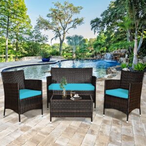 toolsempire 4 pieces patio sofa set, wicker conversation set with ergonomic curved backrest, rattan furniture set with water-resistant cushion & tempered glass table for balcony, porch (turquoise)