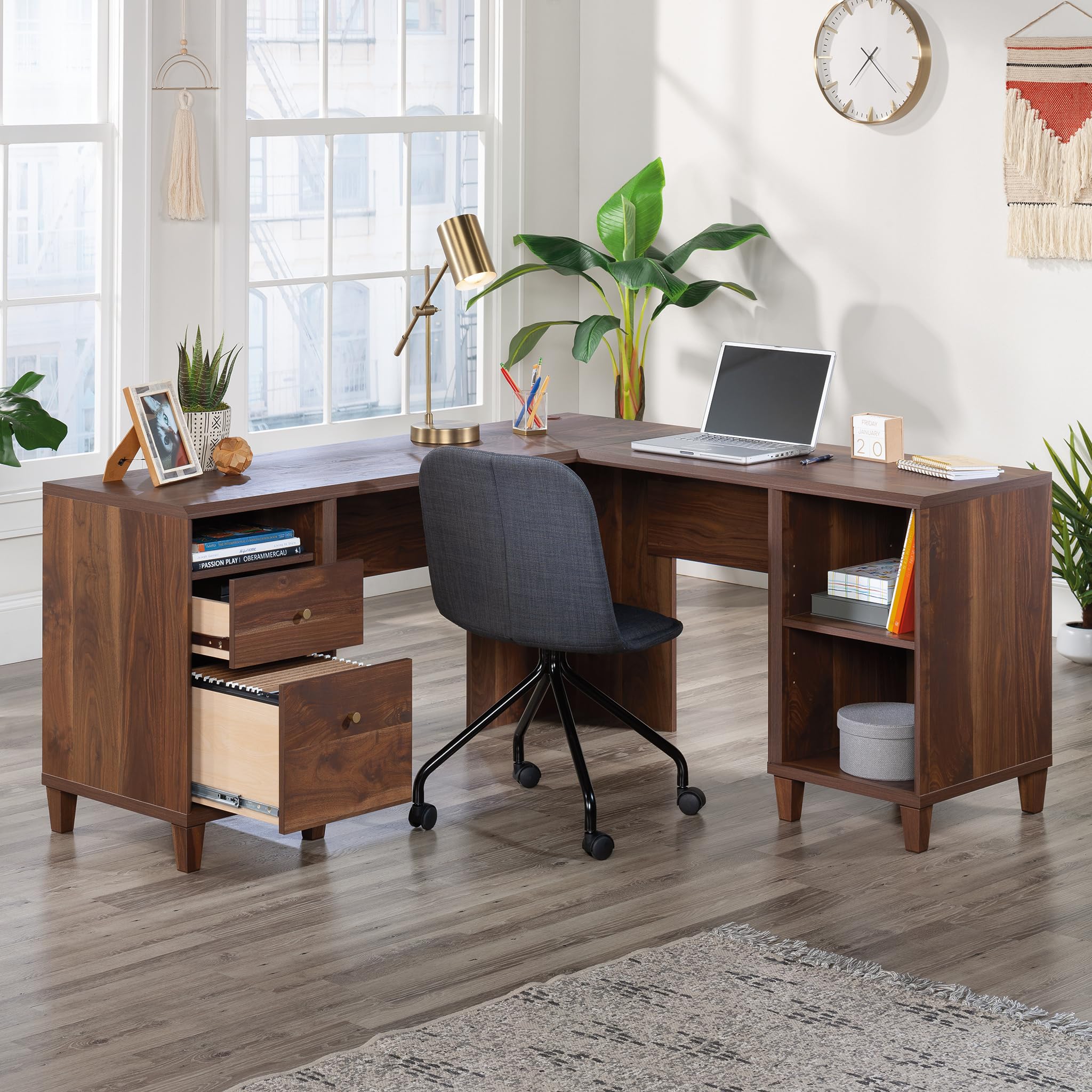 Sauder Willow Place L-Shaped Home Office Desk, Grand Walnut Finish