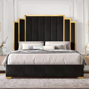 howe king size bed frame and 65" headboard, upholstered bed with golden plating trim, modern platform bed no box spring needed, black