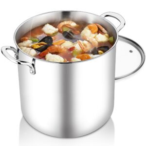 teamfar 12 quart stock pot, 18/10 stainless steel large cooking soup pot with lid for simmering/stewing, for induction/gas/ceramic, healthy & heavy-duty, riveted handles & dishwasher safe