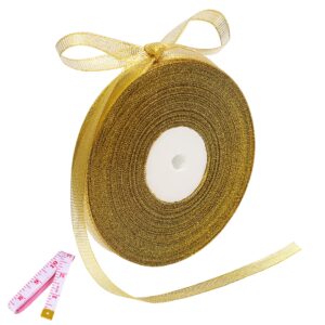 50 yards gold glitter ribbon 3/8 inch, sparkly thin solid fabric ribbon for gift wrapping, crafts, holiday wedding birthday party decoration floral bouquet, metallic gold ribbon roll