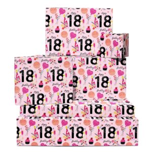 central 23 girls wrapping paper birthday - 6 sheets of pink gift wrap - 18th birthday wrapping paper for women her friends - for daughter - age 18 - comes with fun stickers