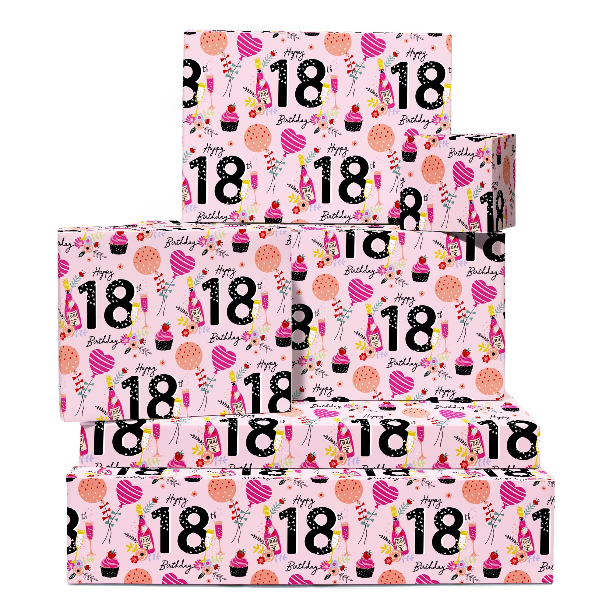 CENTRAL 23 Girls Wrapping Paper Birthday - 6 Sheets of Pink Gift Wrap - 18th Birthday Wrapping Paper for Women Her Friends - For Daughter - Age 18 - Comes with Fun Stickers