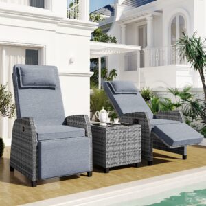 lumisol outdoor recliner chairs set of 2, 3 piece rattan sofa set, patio rocking chairs set with adjustable footrest, outdoor rattan reclining chairs with table & pillow for backyard, porch (grey)