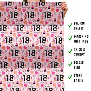 CENTRAL 23 Girls Wrapping Paper Birthday - 6 Sheets of Pink Gift Wrap - 18th Birthday Wrapping Paper for Women Her Friends - For Daughter - Age 18 - Comes with Fun Stickers