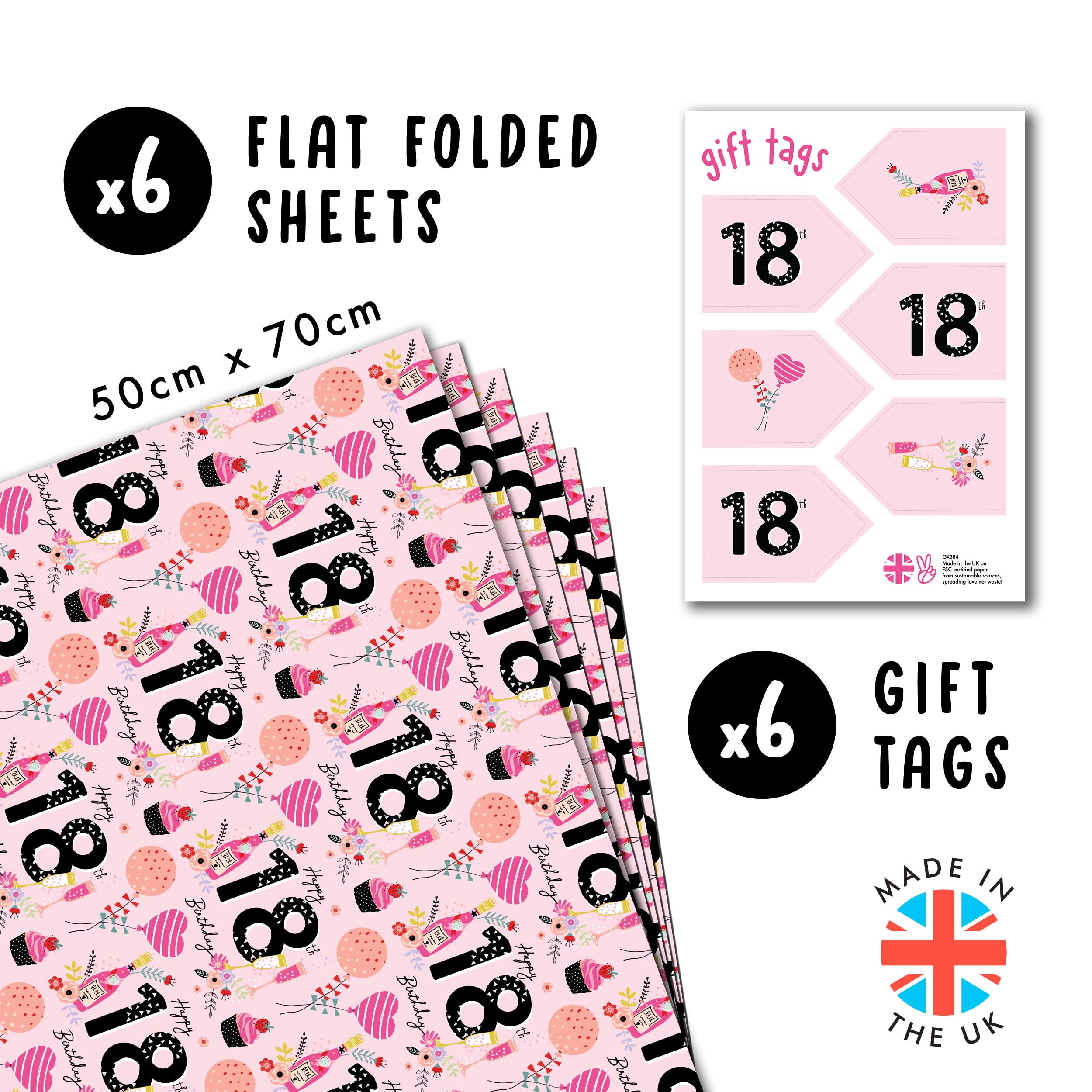 CENTRAL 23 Girls Wrapping Paper Birthday - 6 Sheets of Pink Gift Wrap - 18th Birthday Wrapping Paper for Women Her Friends - For Daughter - Age 18 - Comes with Fun Stickers