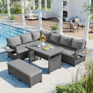 merax patio furniture sets outdoor, all weather sectional pe rattan sofa with 2 extendable side, dining table and bench, 5-piece, grey