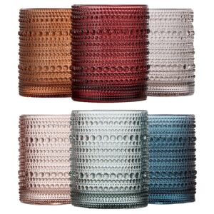 khen beaded hobnail tumbler drinking glasses set | set of 6 | vintage colored hobnails 11 oz muted bubble design whiskey, old-fashioned, embossed design glass water, wine, cocktail hand wash only