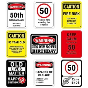 wernnsai 50th birthday party decorations - 9pcs wall signs for adults 50 years old party decor 50 zone table centerpieces yellow caution logos on door windows yard garden banner party supplies