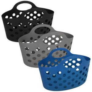 basket with handles 3 count plastic oval carry totes 12"x7"x7" (black, dark gray, navy blue)