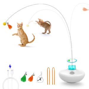 oxawo interactive cat toys cat exercise tumbler, rechargeable cat toys for indoor cats spin butterfly game teasing kitty, extra long feather wand (p33 cat toys)