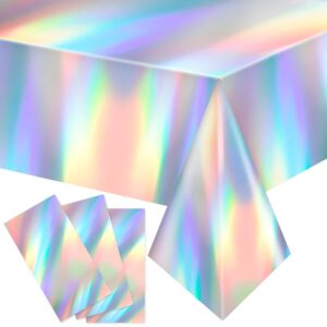 labeol 3 pack iridescent tablecloth,shiny tablecloth for iridescent party decorations, disposable plastic rectangle laser table cover, holographic foil birthday party bridal wedding christmas supplies