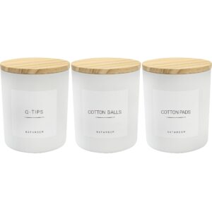 ezebesta 3pcs farmhouse 13.53oz white bathroom canisters with 12 labels & wooden lid thick glass jar set qtip holder for cotton ball & pads storage organization minimalist decor