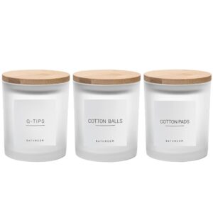 ezebesta 3pcs modern 13.53oz transparent bathroom canisters with 12 labels & wooden lid thick glass jar set qtip holder for cotton ball & pads storage organization minimalist decor