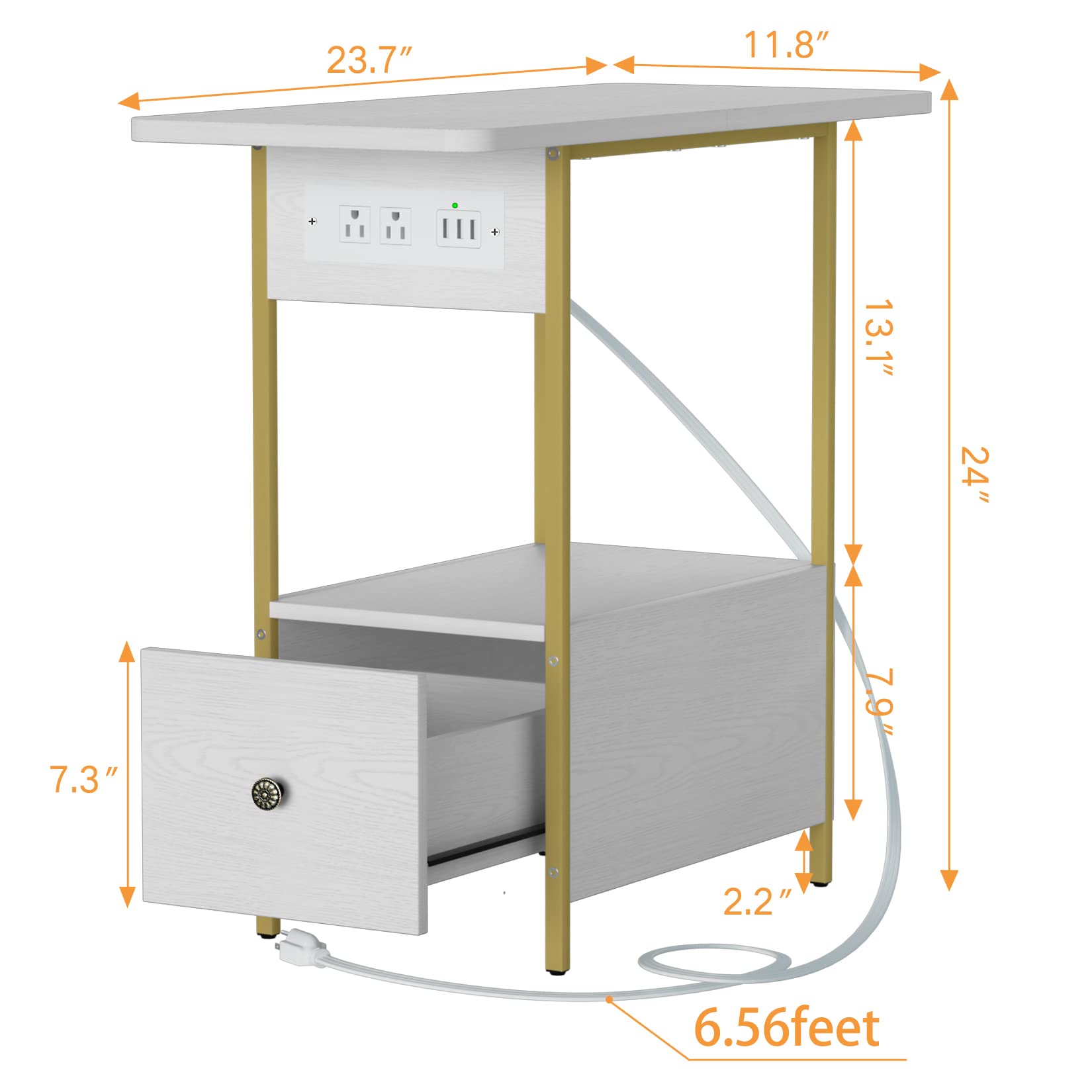 Yenlure Side Table Night Stands End Table with Charging Station Drawers Small Nightstand Bedroom Narrow Nightstand for Small Spaces Nightstand White