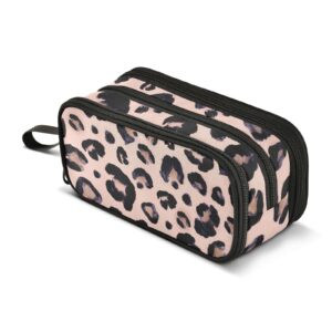 watercolor animal snow leopard pink beige pencil case for boys girls, large capacity pen bag 3 compartment pencil pouch students stationery organizer marker case for school office work