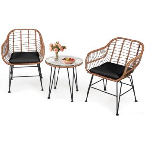 kotek 3 pieces patio bistro set, outdoor wicker furniture set with glass top coffee table & seat cushions, pe rattan conversation set for porch, garden, backyard, poolside (black)