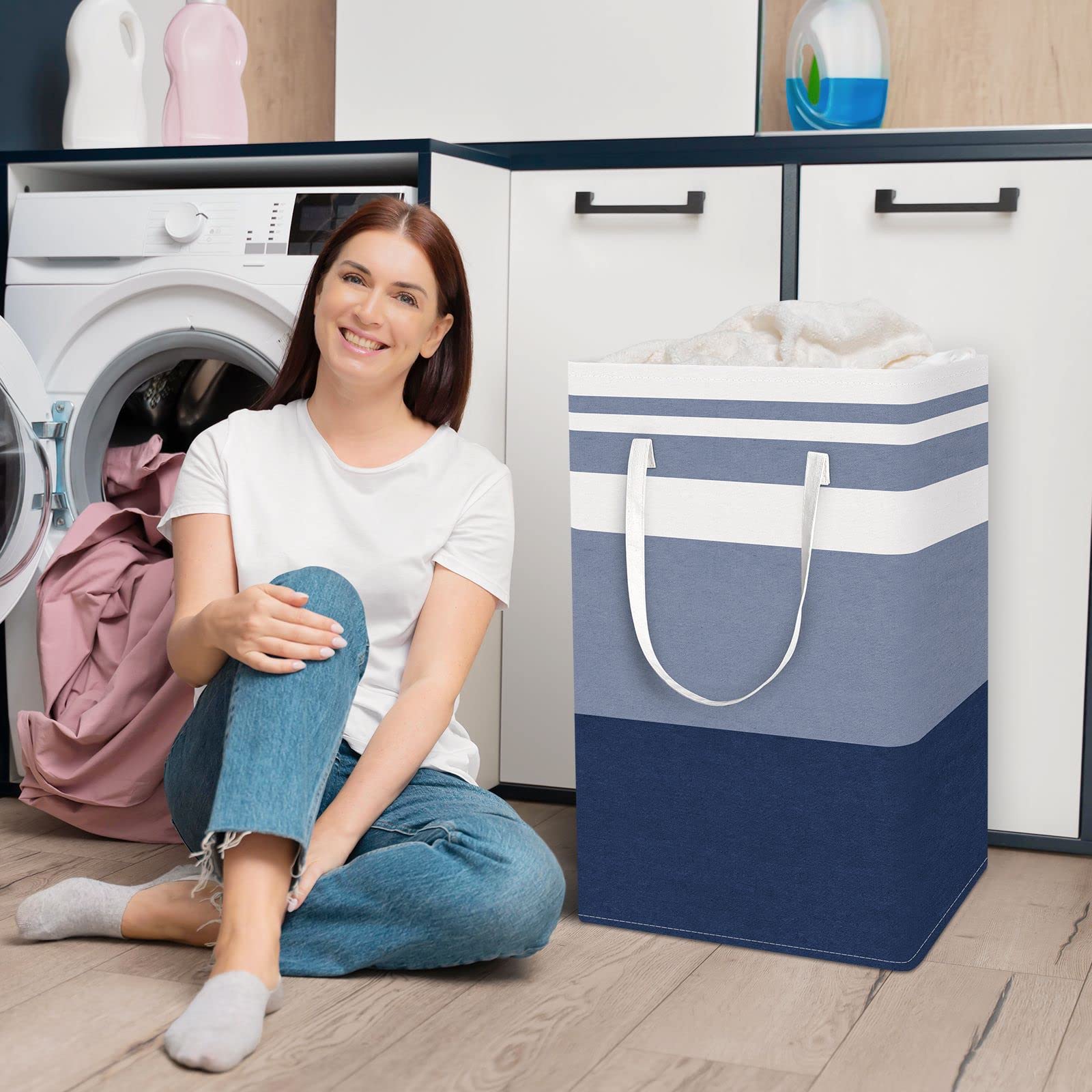 EpicTotes 1-Pack Large Laundry Basket, Collapsible Laundry Hamper, Freestanding Waterproof Laundry Bag, Tall Clothes Hamper-Extended&Reinforced Handles-for College Dorm, Family-Gradient Blue/88L