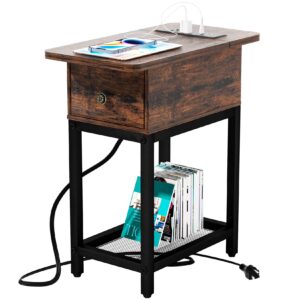 yenlure side table night stands end table with charging station drawers narrow end tables living room bedroom side table for small spaces rustic brown