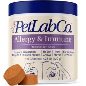 petlab co. allergy & immune probiotics for dogs, support seasonal allergies, gut & digestive health - pork flavor - 30 soft chews