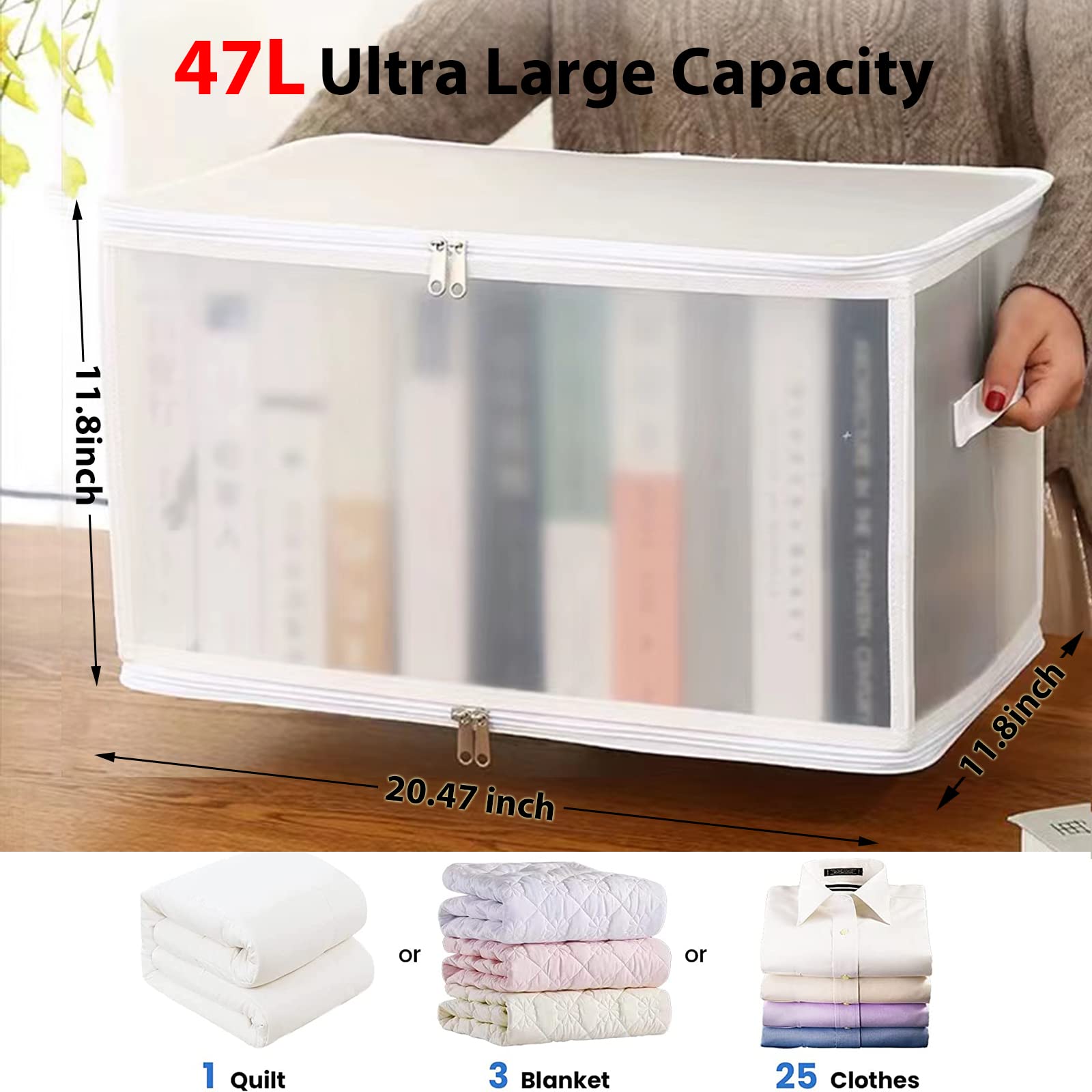 (3 Pcs) FAOMSEBS Collapsible Storage Bins with Lids Zipper [Healthy & Odorless Plastic] [with Sturdy Handles] Light Foldable Cube Moisture-Proof Box Organizer for Clothes Coats Bedroom Translucent 27L