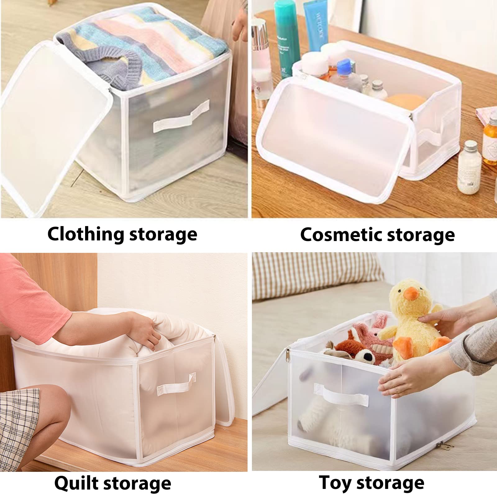 (3 Pcs) FAOMSEBS Collapsible Storage Bins with Lids Zipper [Healthy & Odorless Plastic] [with Sturdy Handles] Light Foldable Cube Moisture-Proof Box Organizer for Clothes Coats Bedroom Translucent 27L