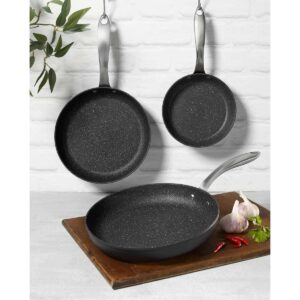 the rock skillet set with riveted stainless steel handles for a safe grip & forged aluminum base for optimal heat distribution, 3-piece set