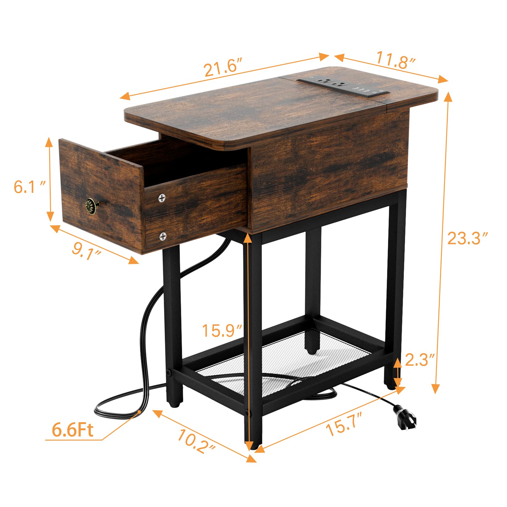 Yenlure Side Table Night Stands End Table with Charging Station Drawers Narrow End Tables Living Room Bedroom Side Table for Small Spaces Rustic Brown