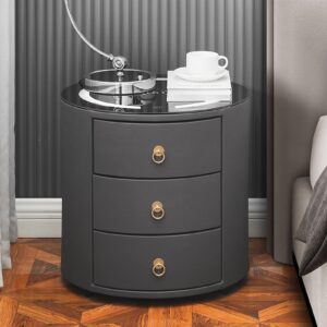 clipop modern nightstand with 3 drawers, smart nightstands with wireless charging station, adjustable led light, faux leather surface bedside table no assembly, dark grey