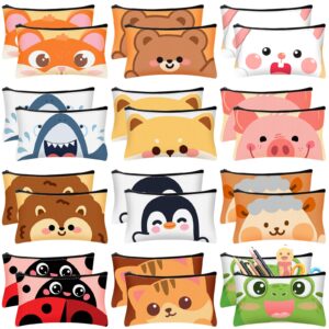 hosuly 24 pcs bulk cartoon zipper pencil case pouch cute cartoon animal pen bag multicolored cat bear shark bunny canvas pencil pouch organizer for boy girl stationary storage school